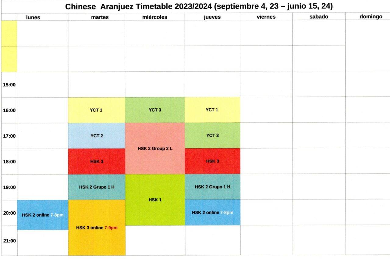 English and Chinese classes Aranjuez - timetable